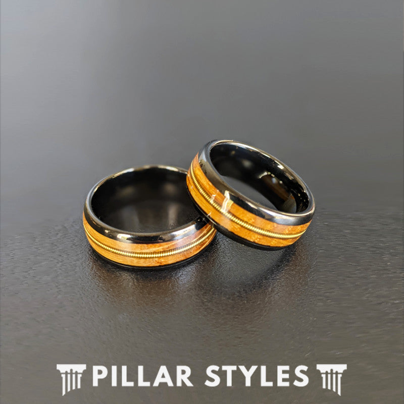 Black Whiskey Barrel Guitar String Ring Wood Wedding Band Tungsten Rin ...