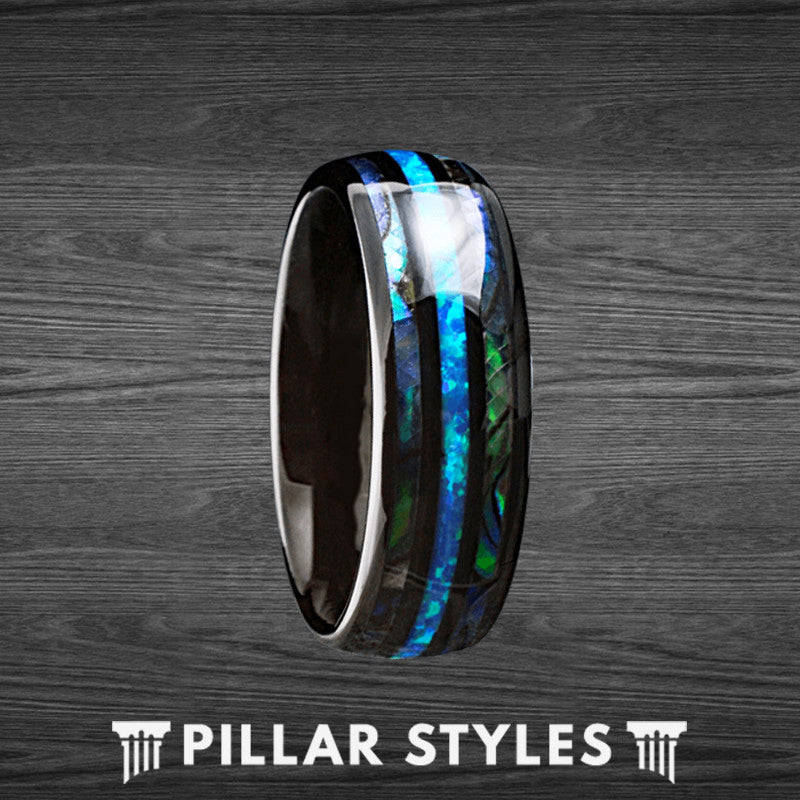 Black Opal Ring Mens Wedding Band Tungsten Abalone Ring 8mm Unique Gre ...
