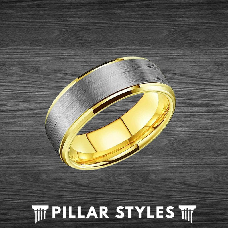 14K Gold Ring Mens Wedding Band Tungsten Ring with Step Edges 8mm Gold ...