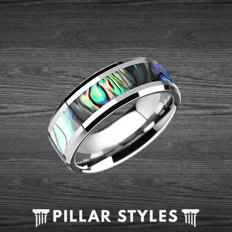 8mm Silver Abalone Ring Mens Wedding Band Tungsten Ring - Tropical Aba ...
