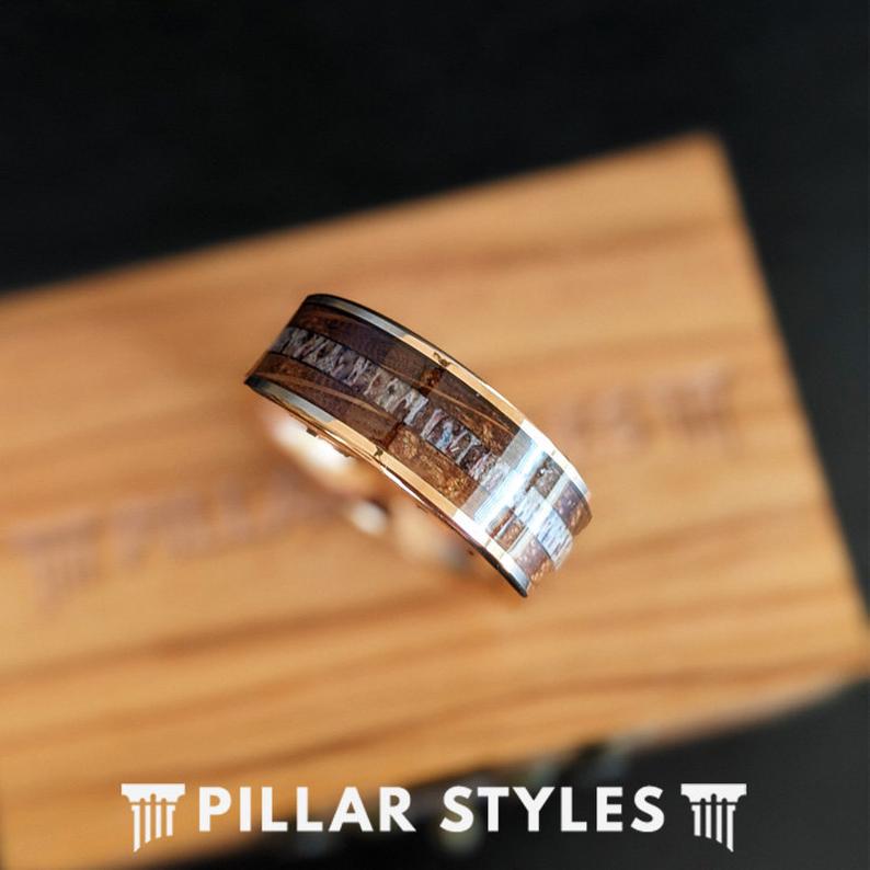 Rose Gold Ring Tungsten Whiskey Barrel Ring Mens Wedding Band Deer Ant ...