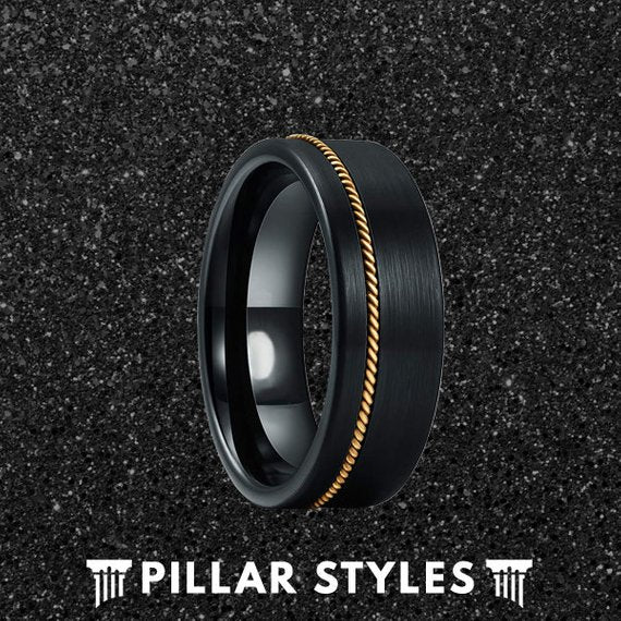 Black Guitar String Ring Mens Wedding Band Tungsten Ring - 8mm Unique ...