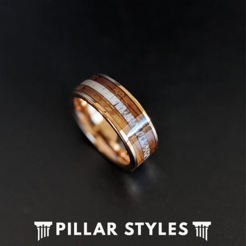 Rose Gold Ring Tungsten Whiskey Barrel Ring Mens Wedding Band Deer Ant ...