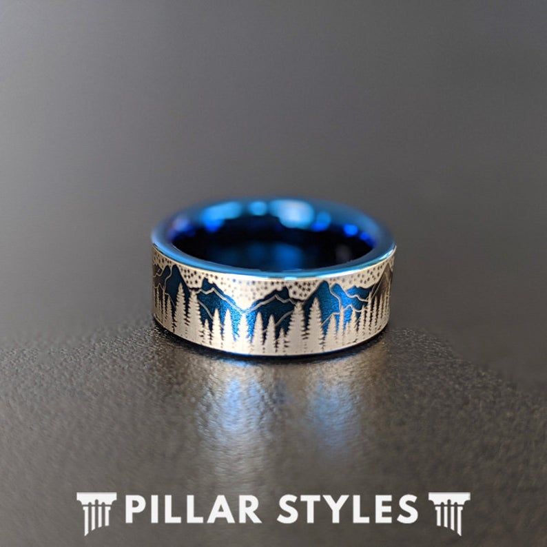 Blue Forest Tree Ring Mens Wedding Band Nature Ring - Tungsten Mountai ...