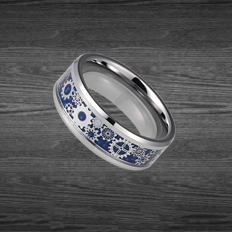 Blue Steampunk Ring Mens Wedding Band Cogs Mechanical Ring– Pillar Styles