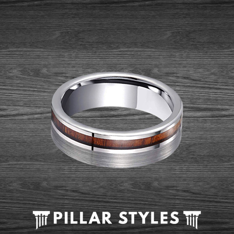 Hawaiian Koa Wood Ring Mens Wedding Band Tungsten Ring 8mm Silver Wood ...