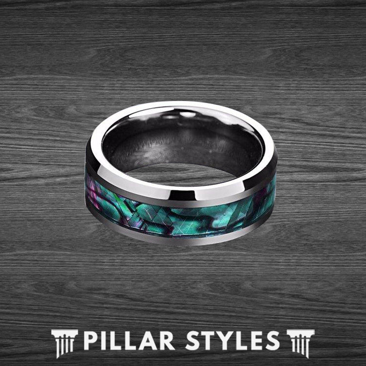 Silver Abalone Ring Mens Wedding Band Tungsten Ring - 8mm Tropical Nat ...