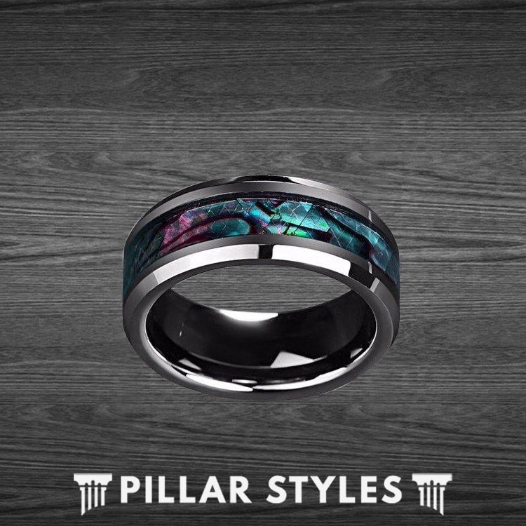 Silver Abalone Ring Mens Wedding Band Tungsten Ring - 8mm Tropical Nat ...
