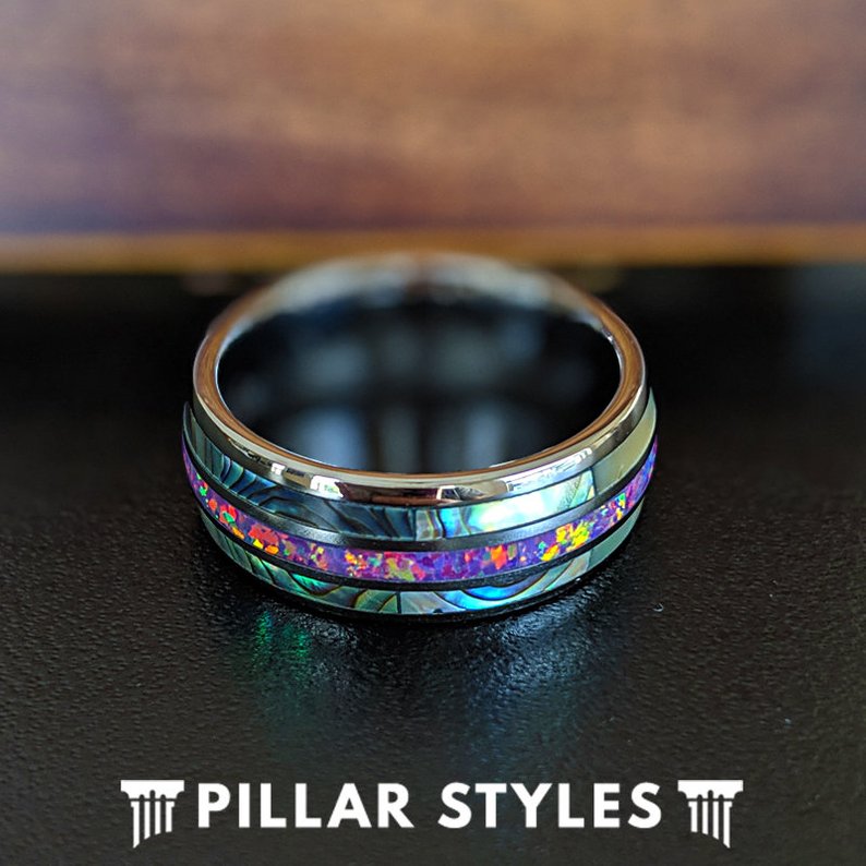 Unique Abalone Ring Mens Wedding Band with Opal Inlay 8mm Lavender Opa ...
