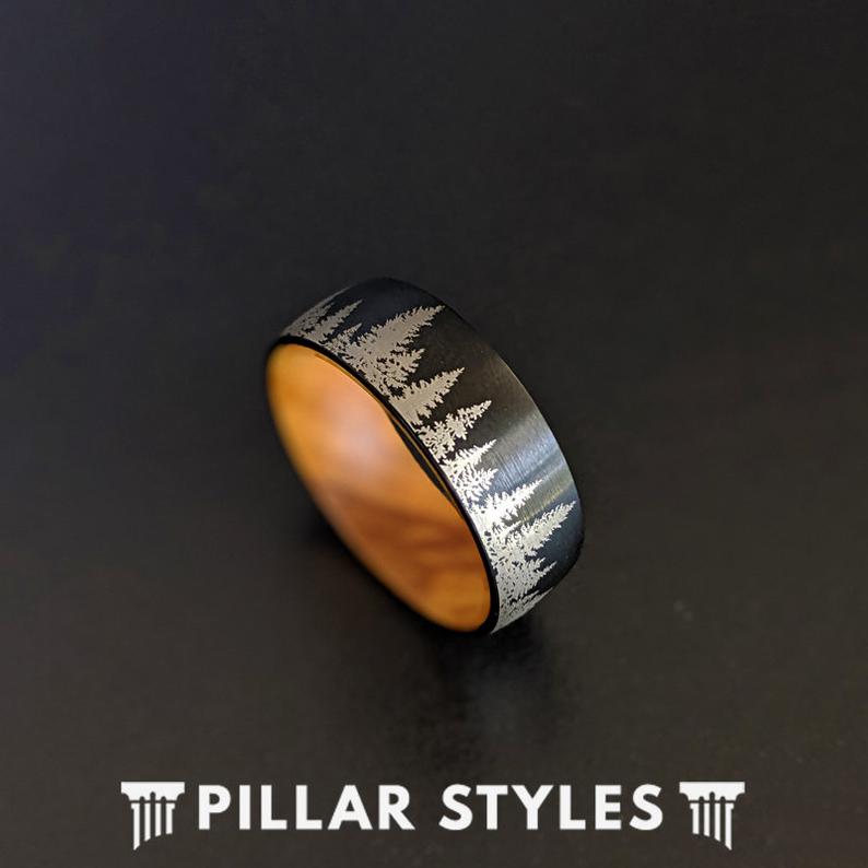 Nature Ring Mens Wedding Band Wood Ring with Forest Trees - Unique Tun ...